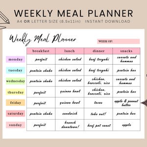 Weekly Meal Planner, Printable PDF, A4 Size, Letter Size (8.5 X 11 ...