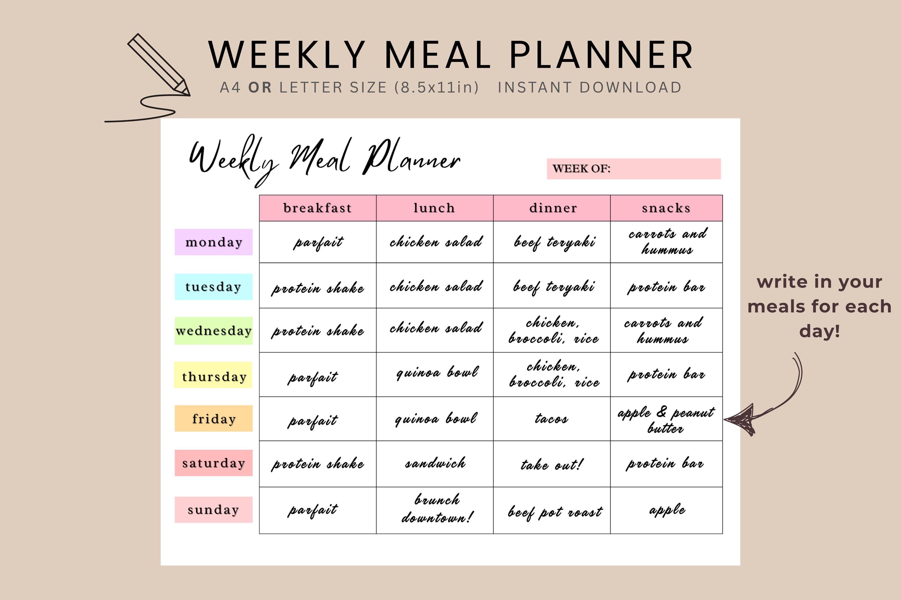 Weekly Meal Planner, Printable PDF, A4 Size, Letter Size (8.5 X 11 ...