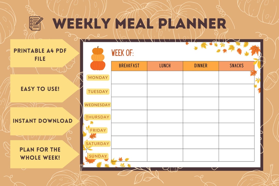 Weekly Meal Planner, Fall, Pumpkins and Leaves, Printable PDF, Digital ...