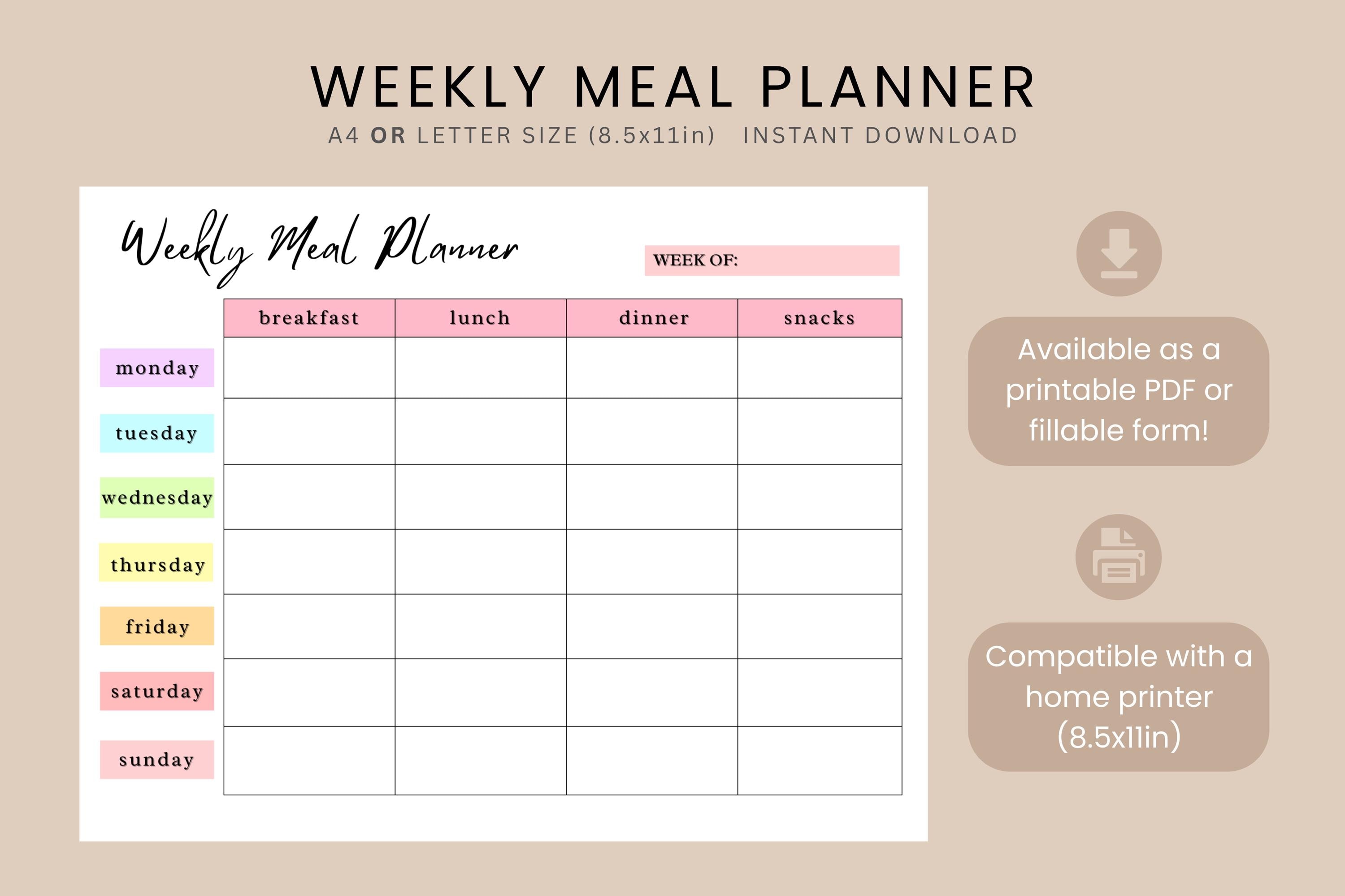 Weekly Meal Planner, Printable PDF, A4 Size, Letter Size (8.5 X 11 ...