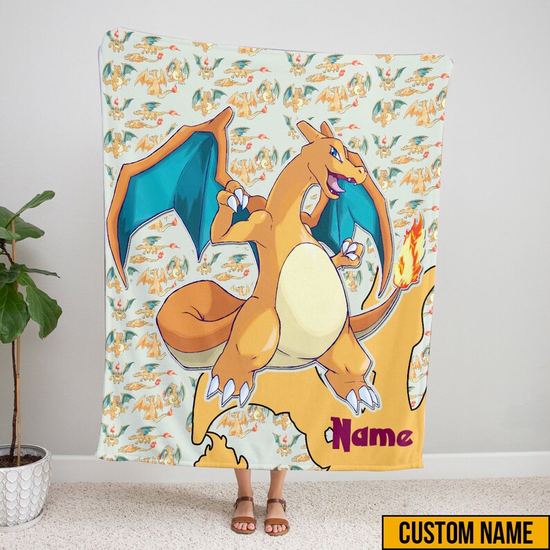 Personalized Name Charizard Fleece Mink Sherpa Blanket,pkm Anime Fleece ...