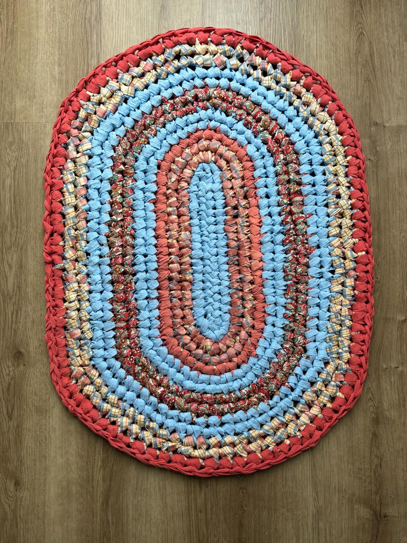 Rag Rug Oval Crocheted Peach Blue Yellow White 22.5" X 31" - Etsy