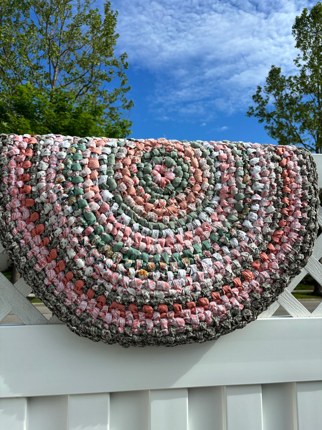Rag Rug 29.5" Round Crocheted in Peach, Sage, White, Cream - Etsy
