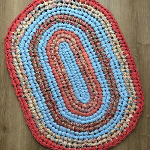 Rag Rug Oval Crocheted Peach Blue Yellow White 22.5" X 31" - Etsy