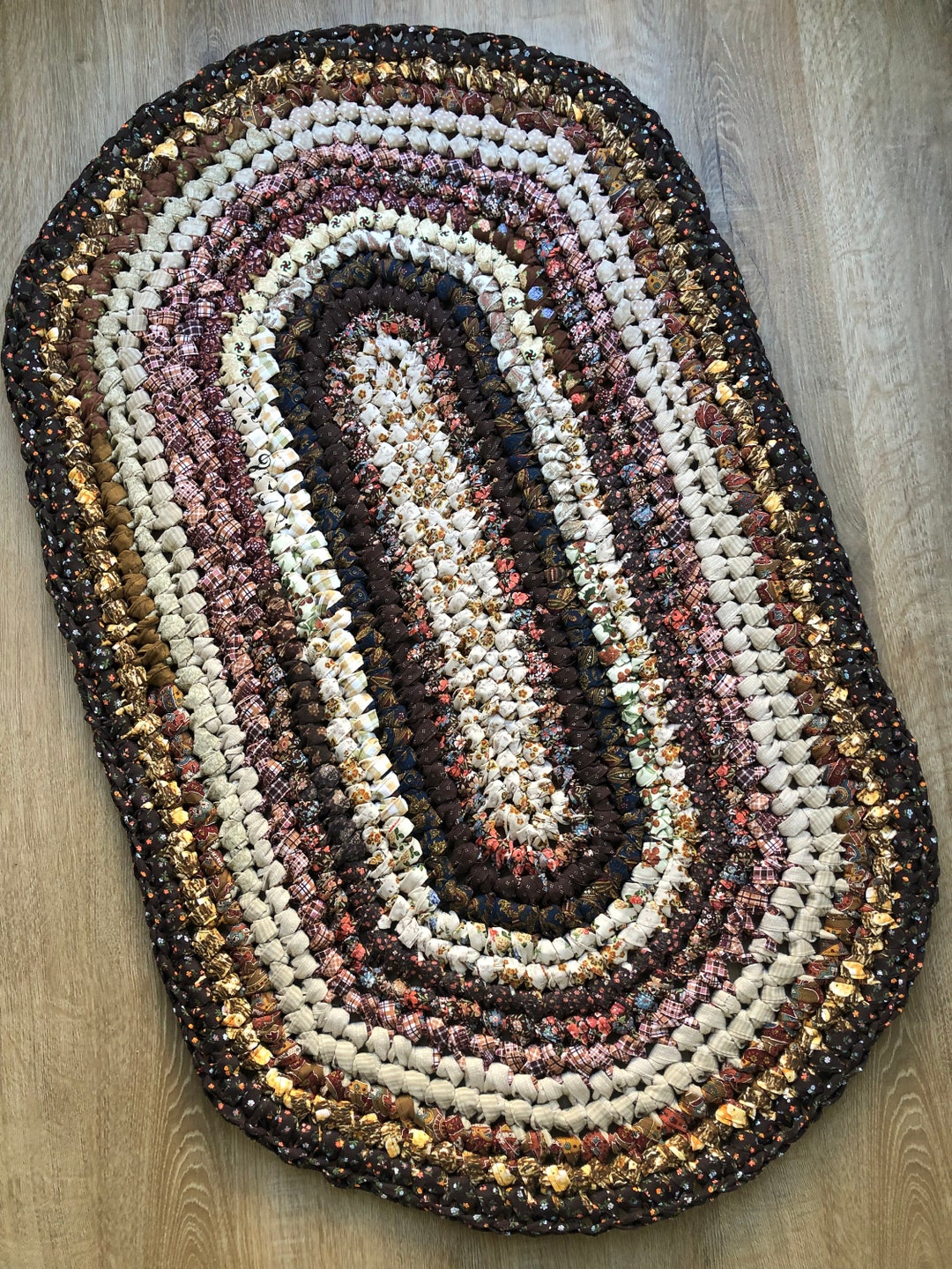 Oval Rag Rug 24" X 38" Crocheted in Brown Beige Yellow Gold White - Etsy