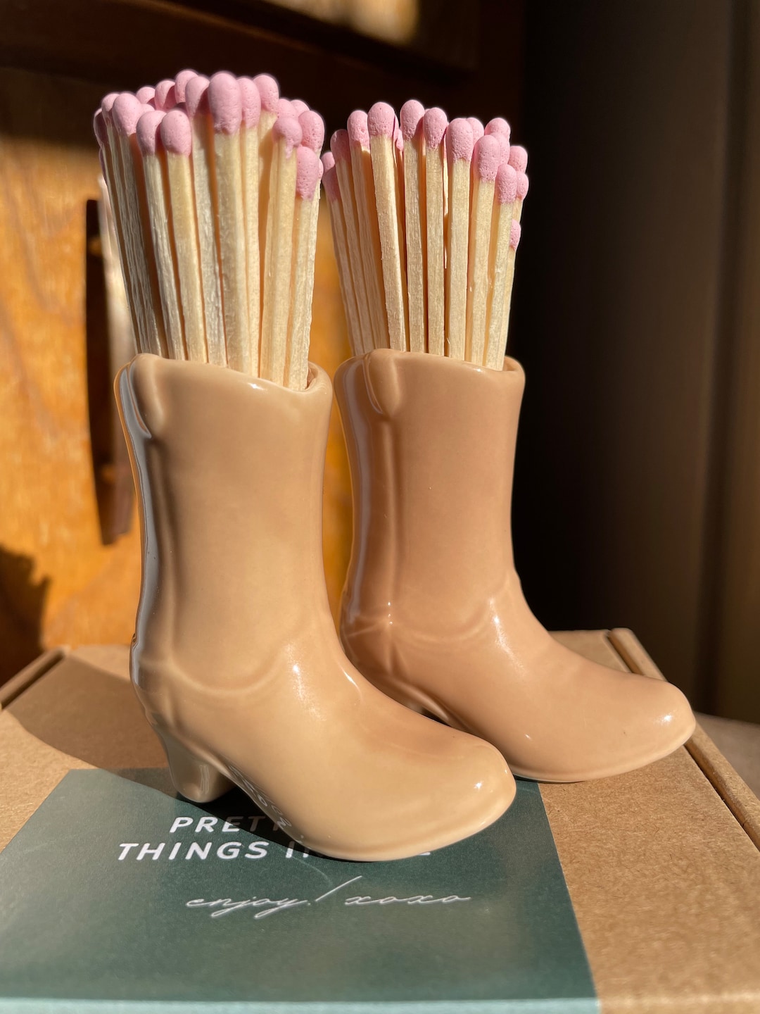 Set of 2 Tan Cowboy Boot Match Holders for Decorative Matches Beige ...