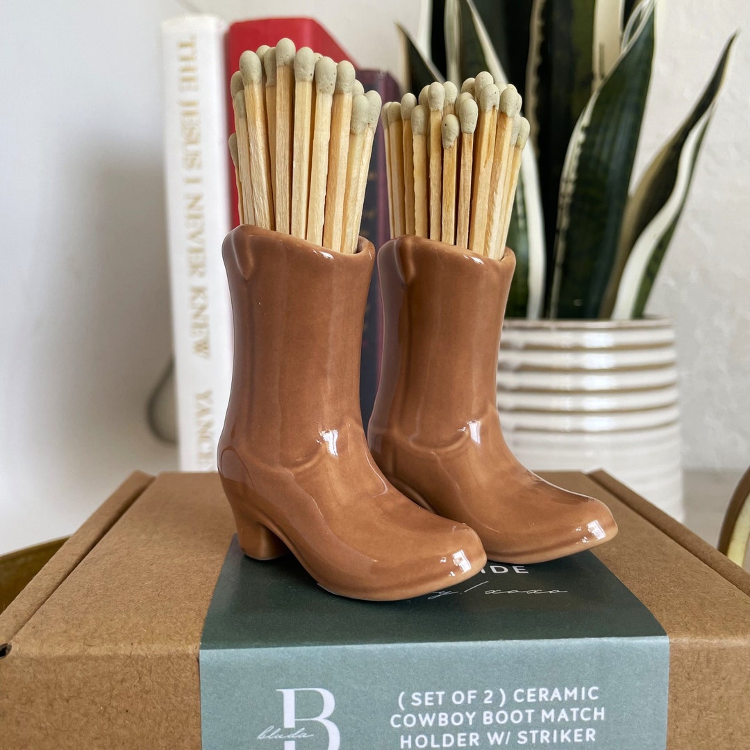 Set of 2 Brown Cowboy Boot Match Holders for Decorative Matches Cowboy ...