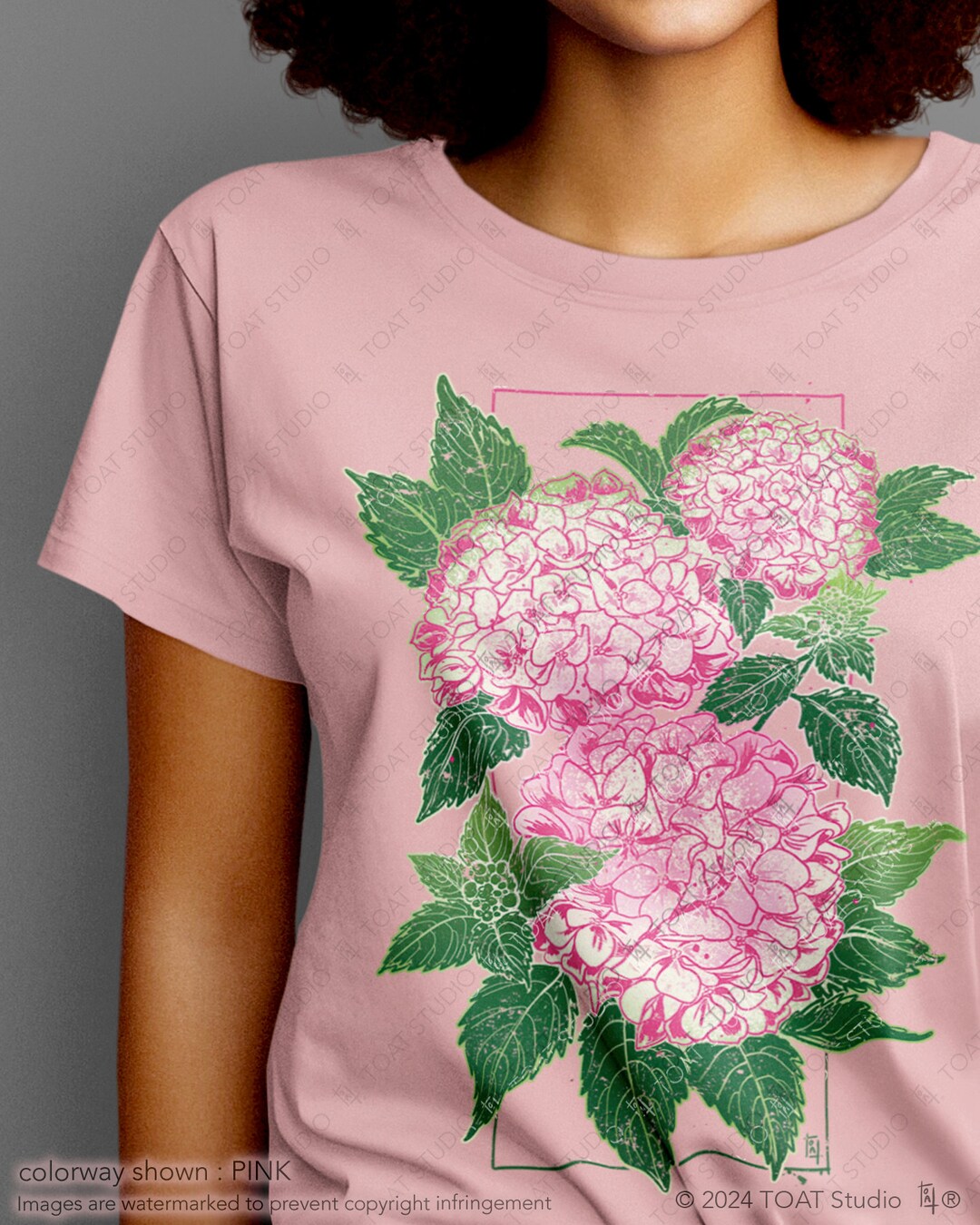 Pink Hydrangea Blockprint Unisex T-shirt, Pink Flower Botanical Art ...