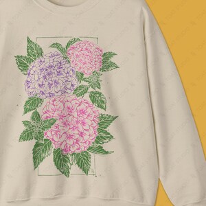 Pink Hydrangea Blockprint Unisex Sweatshirt: Hand-drawn Vintage-style ...