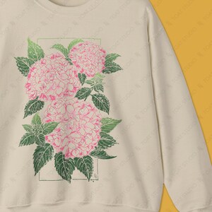 Pink Hydrangea Blockprint Unisex Crewneck Sweatshirt, Pink Floral ...