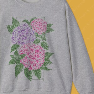 Pink Hydrangea Blockprint Unisex Sweatshirt: Hand-drawn Vintage-style ...