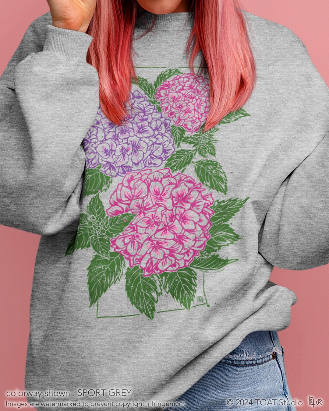 Pink Hydrangea Blockprint Unisex Crewneck Sweatshirt, Pink Floral ...