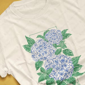 Blue Hydrangea Blockprint Unisex T-shirt, Hydrangea Flowers, Blue ...