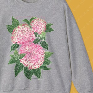 Pink Hydrangea Blockprint Unisex Crewneck Sweatshirt, Pink Floral ...
