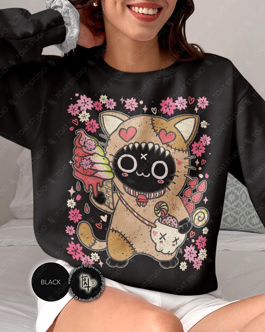 Harajuku Pastel Goth Sakura Batsu Neko Unisex Sweatshirt: Yami Kawaii ...