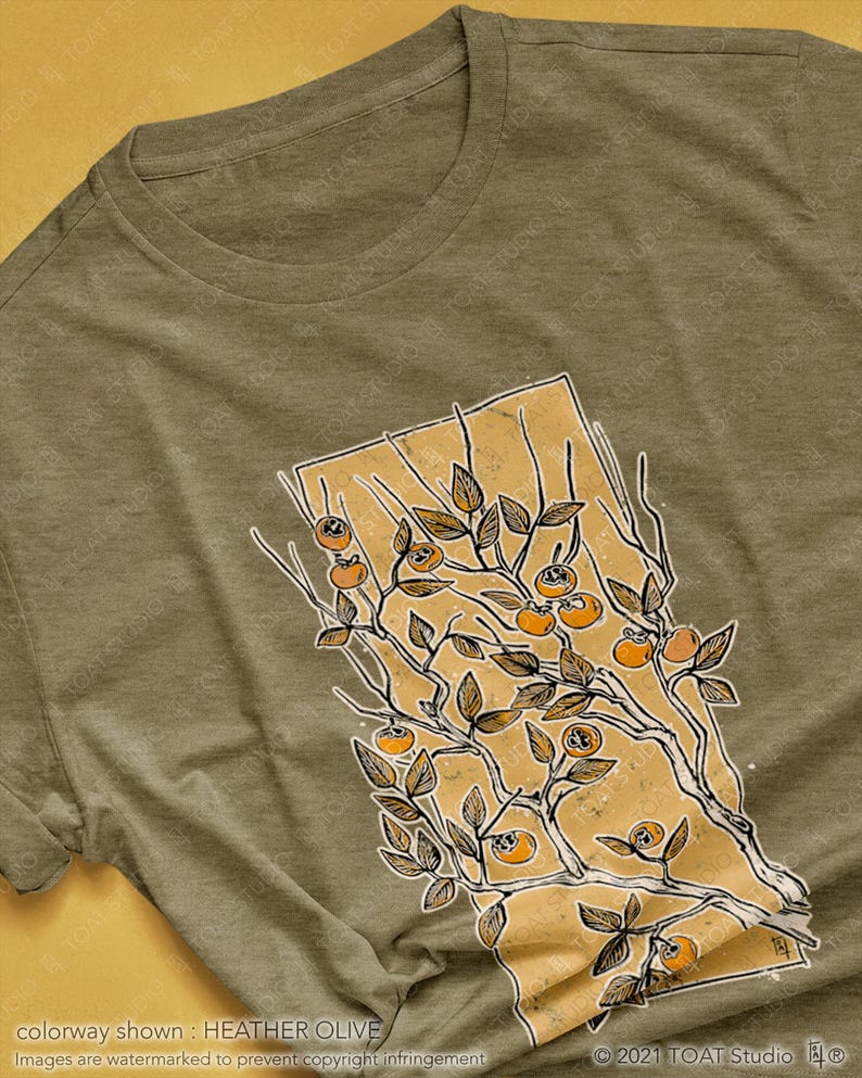 Persimmon Blockprint Unisex T-shirt: Vintage Fall Botanical Fruit Art ...