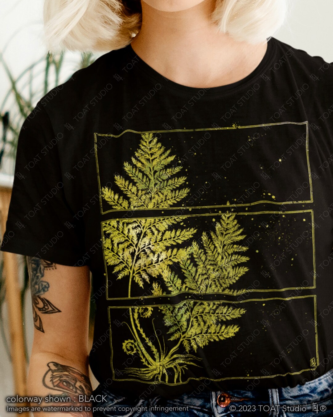 Fern Blockprint VIII Unisex T-shirt: Evergreen Fern Leaf Drawing ...