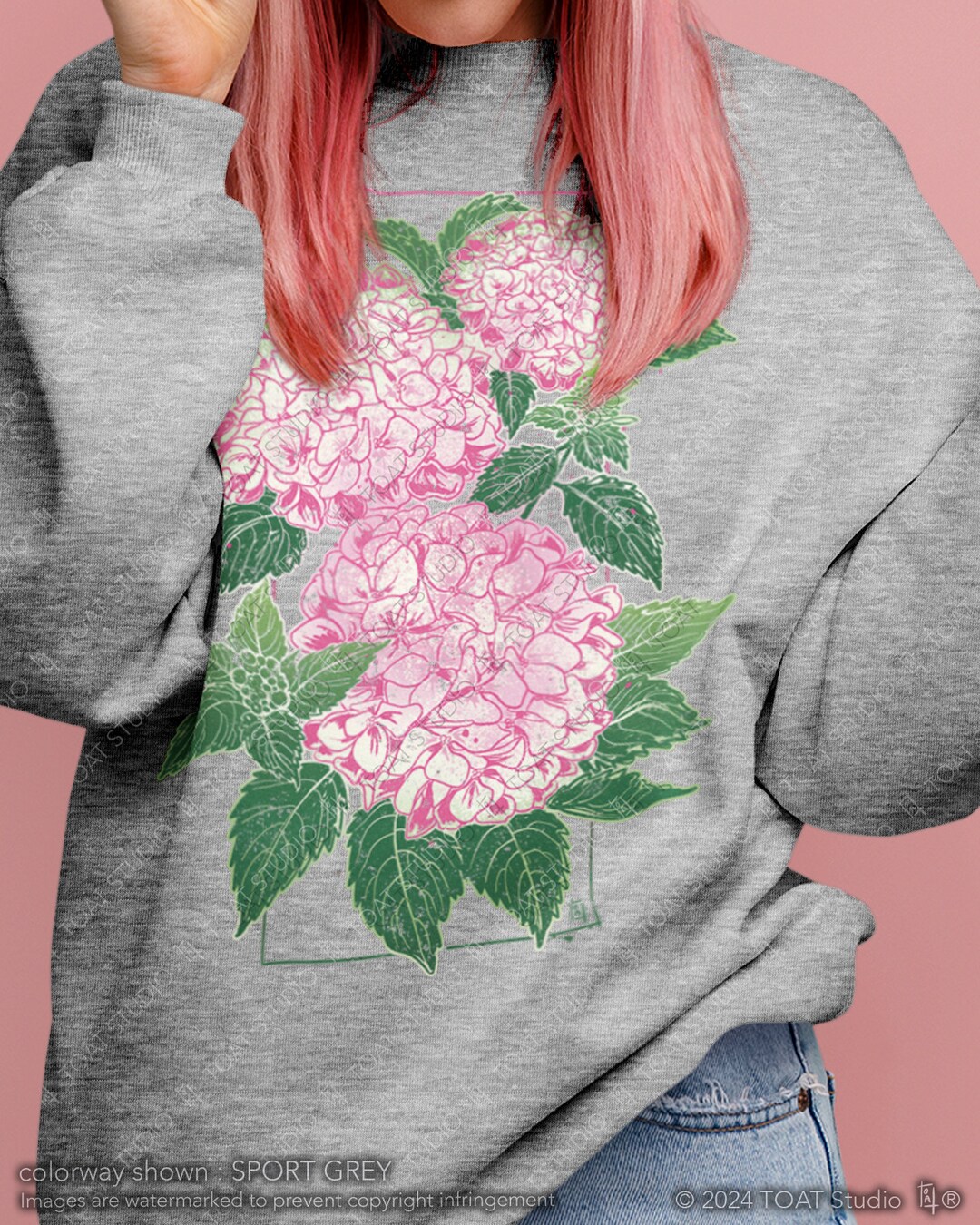 Pink Hydrangea Blockprint Unisex Crewneck Sweatshirt, Pink Floral ...