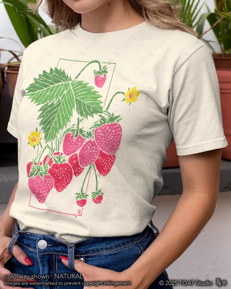 Strawberry Blockprint II Unisex T-shirt: Vintage Red Berry Fruit ...