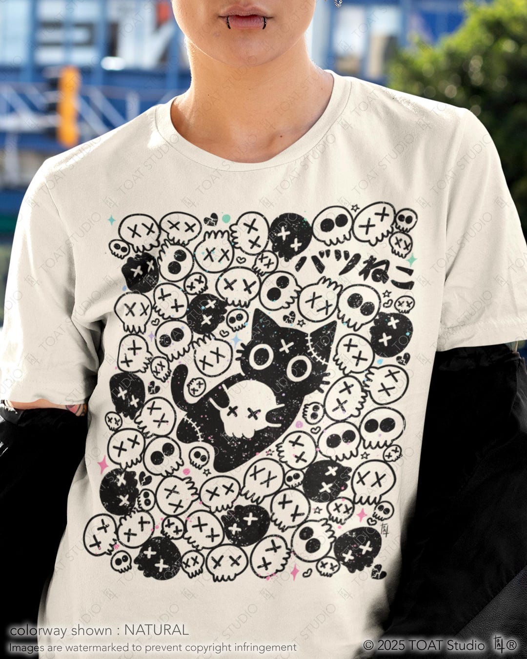 Batsu Neko Skull Pile Unisex Tee, Creepy Cute Black Cat, Gothic Cat ...