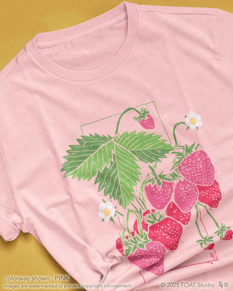 Strawberry Blockprint II Unisex T-shirt: Vintage Red Berry Fruit ...