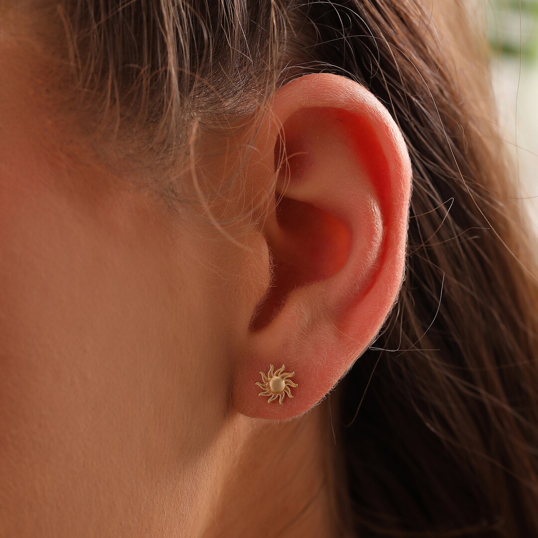 14K Gold Sun Earrings, Dainty Initial Gold Sun Stud Earrings, 14K Solid Gold Celestial Earrings ...