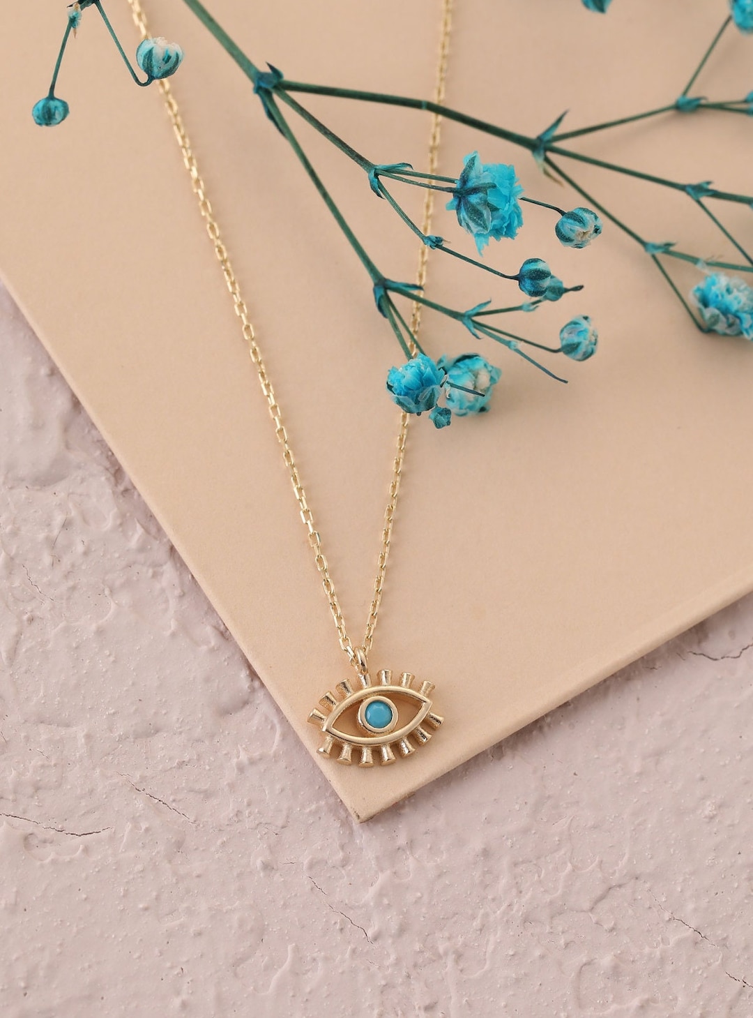 14K Gold Eye Necklace Minimalist Evil Eye Pendant 14K Solid - Etsy