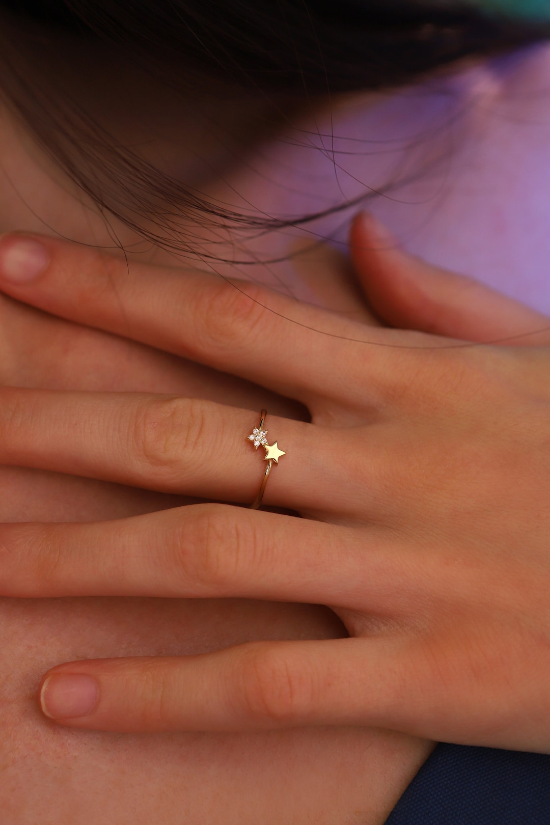 14K Gold Star Ring Dainty Initial Couple Stars Ring 14K Real - Etsy