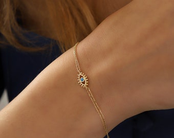 14K Gold Eye Bracelet, Handmade Gold Evil Eye Bracelet, 14K Real Gold Eye Bracelet, Minimalist ...