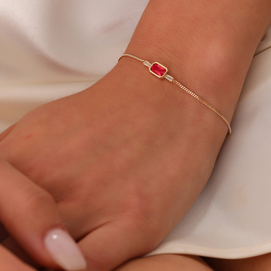 14K Gold Ruby Bracelet, 14K Real Gold Anniversary Bracelet, Minimalist Gold Ruby Bracelet ...