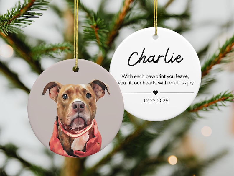 Custom Dog Portrait Ornament With Photo, Name & Year, Christmas Pet ...