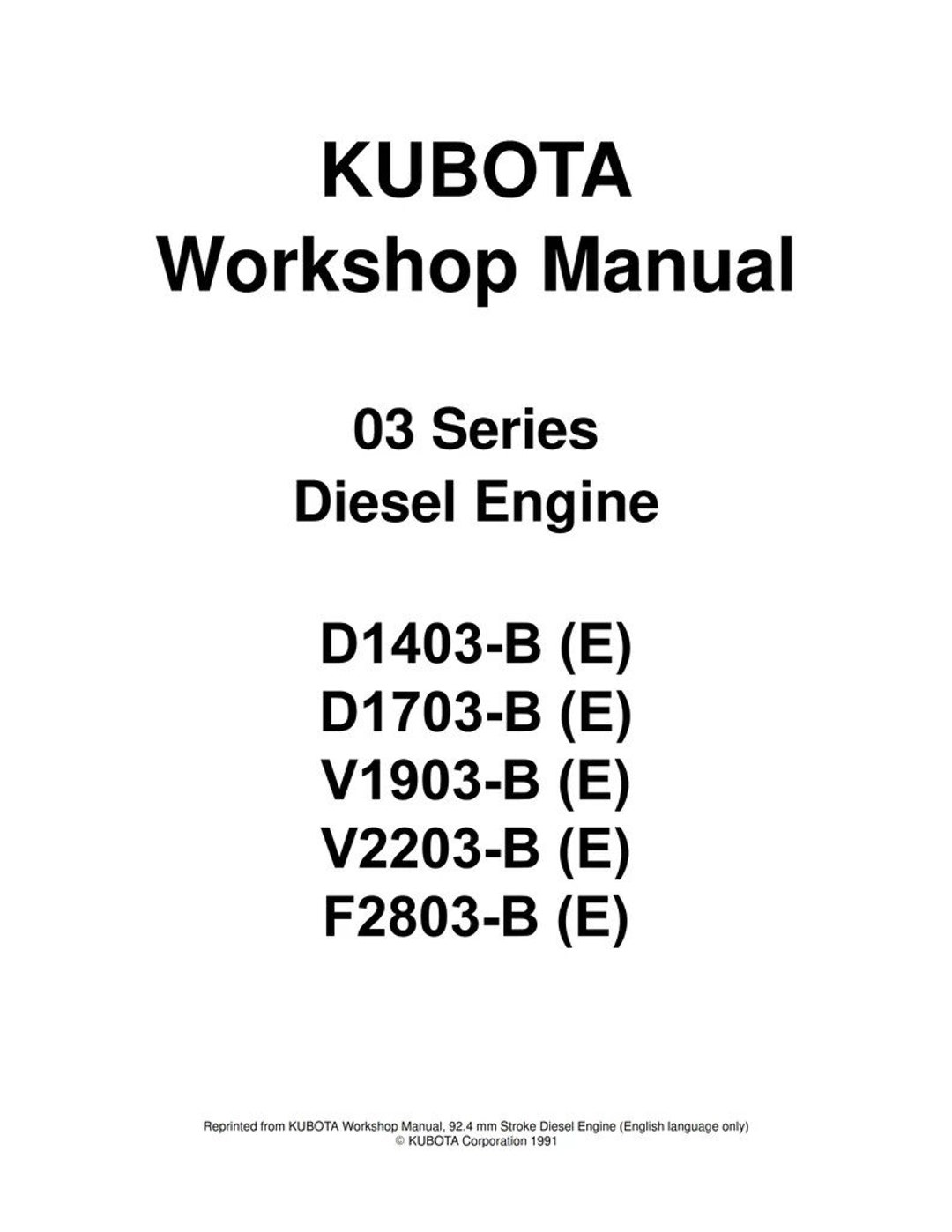 KUBOTA D1403 D1703 V1903 03 SERIES Diesel Engine Service Workshop ...
