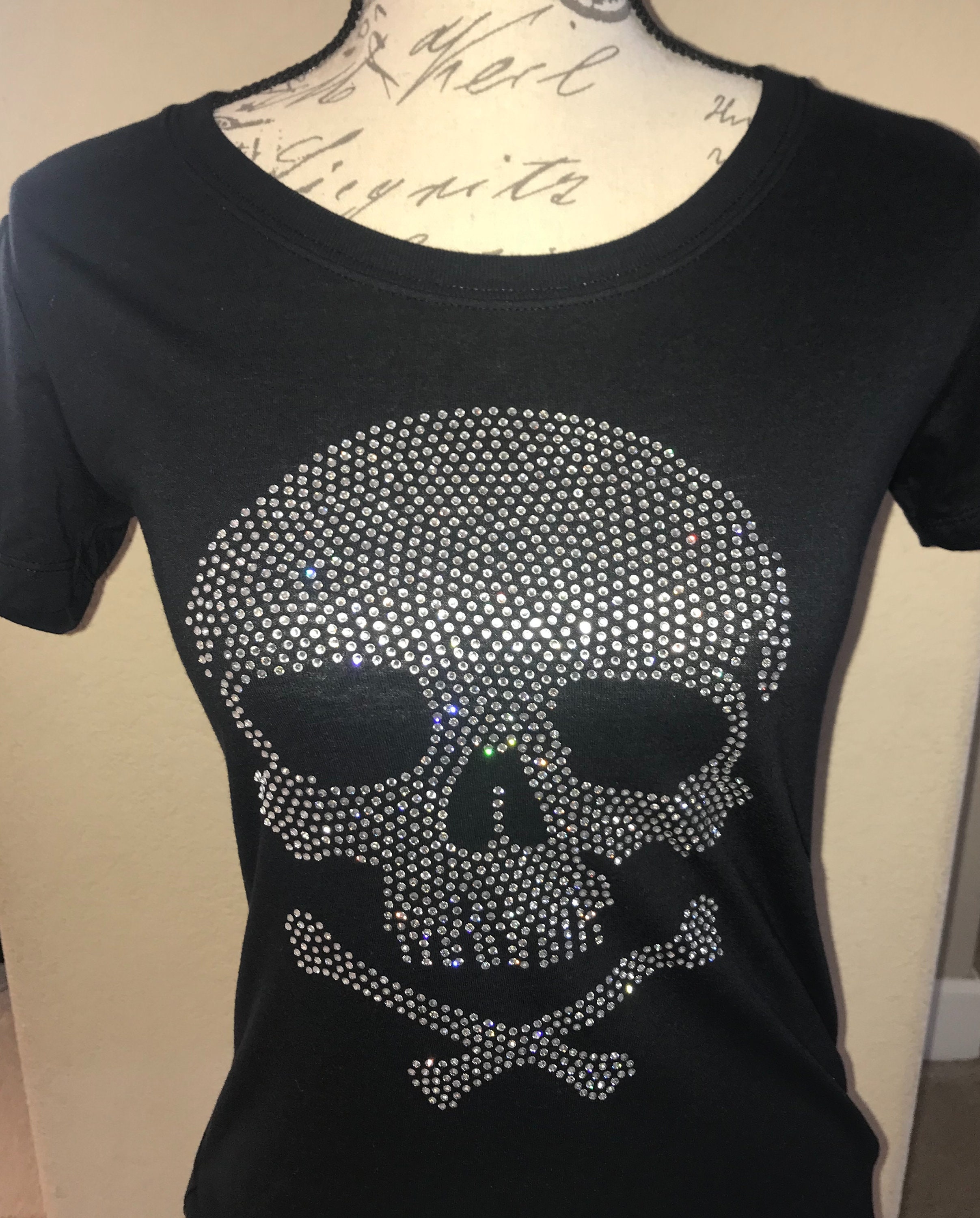 Skull and Bones Rhinestone Shirt, Heavy Metal Tshirt, Women's Bling ...