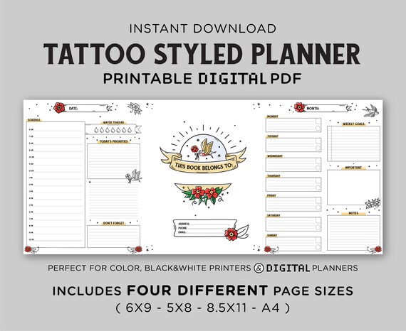 Tattoo Styled Planner Printable PDF Journal Digital Instant | Etsy