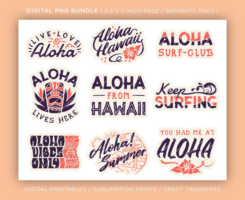 Aloha From Hawaii, Printable Stickers, Sublimation Prints, PNG Bundle ...