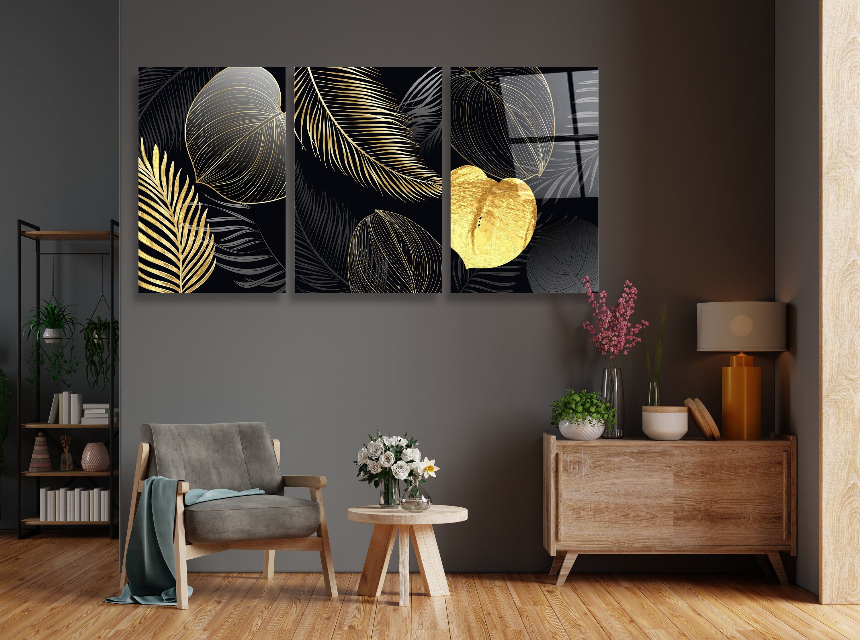 Abstract Black and Gold Leaf Triptych Tempered Glass Printing - Etsy