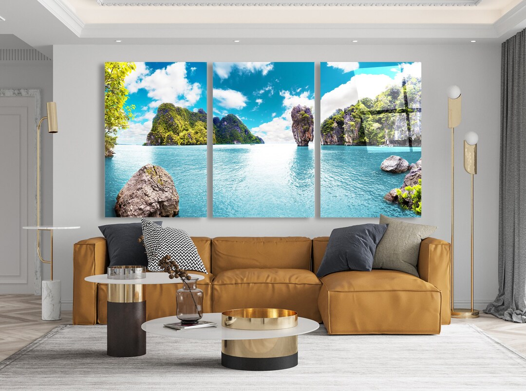 Tropical Ocean Beach Landscape Triptych Tempered Glass Printing Wall ...