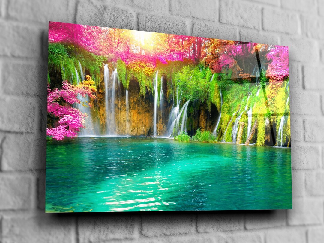 Waterfall in Colorful Forest Landscape Tempered Glass Printing Wall Art ...