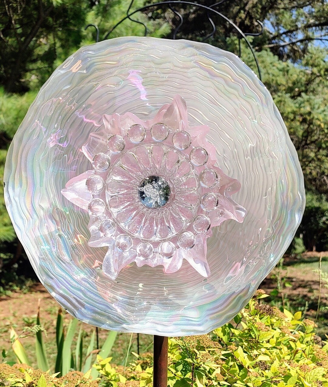 Glass Garden Art, Glass Flower, Plate Flower, Vintage Glass, Garden ...