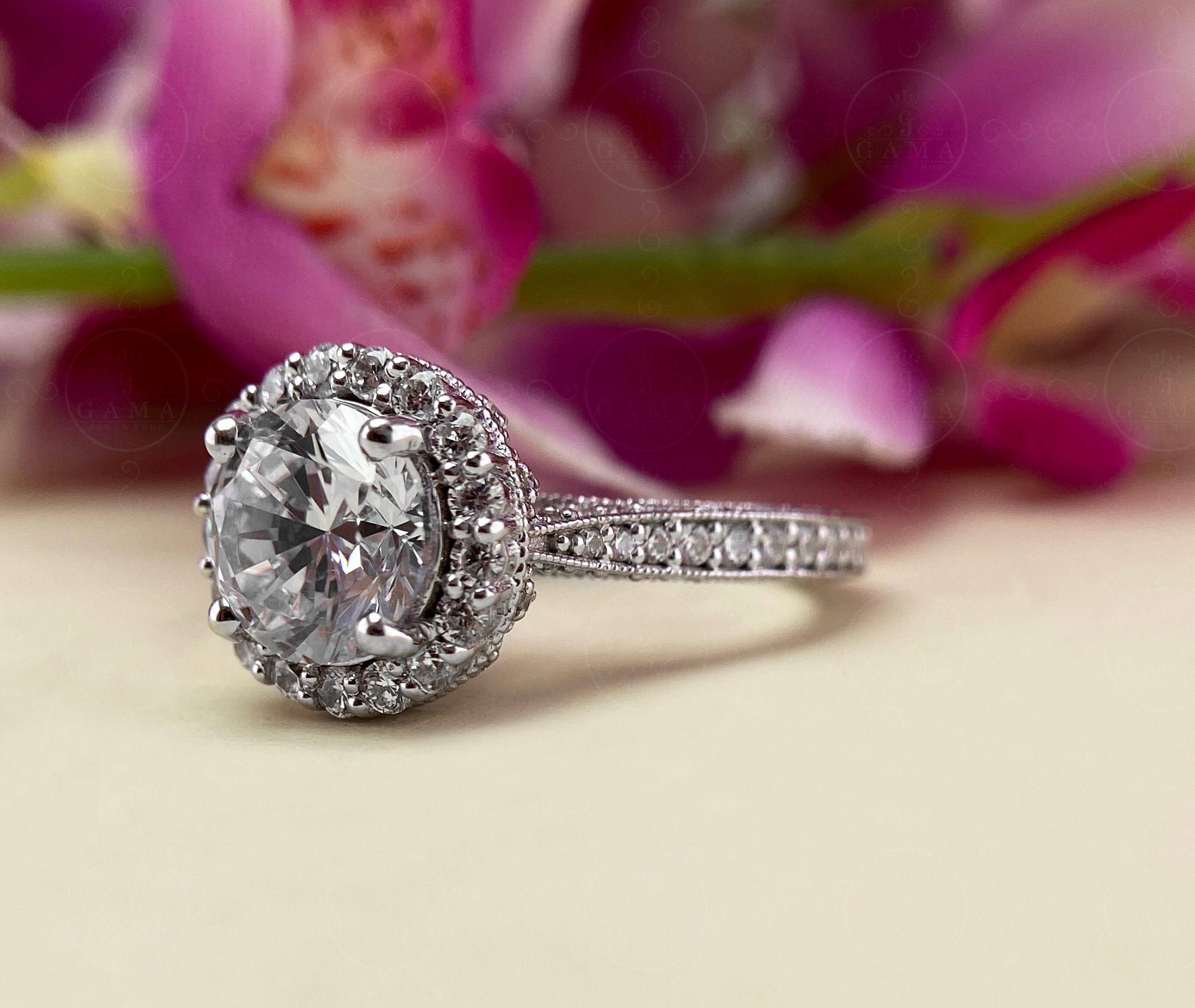 Moissanite Vintage Filligree Ring, Round Cut Halo Engagement Ring ...