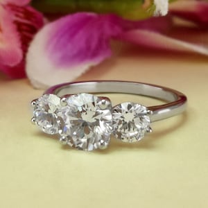 Tulip Setting 3 Stone Moissanite Ring, Three Stone Engagement Ring ...