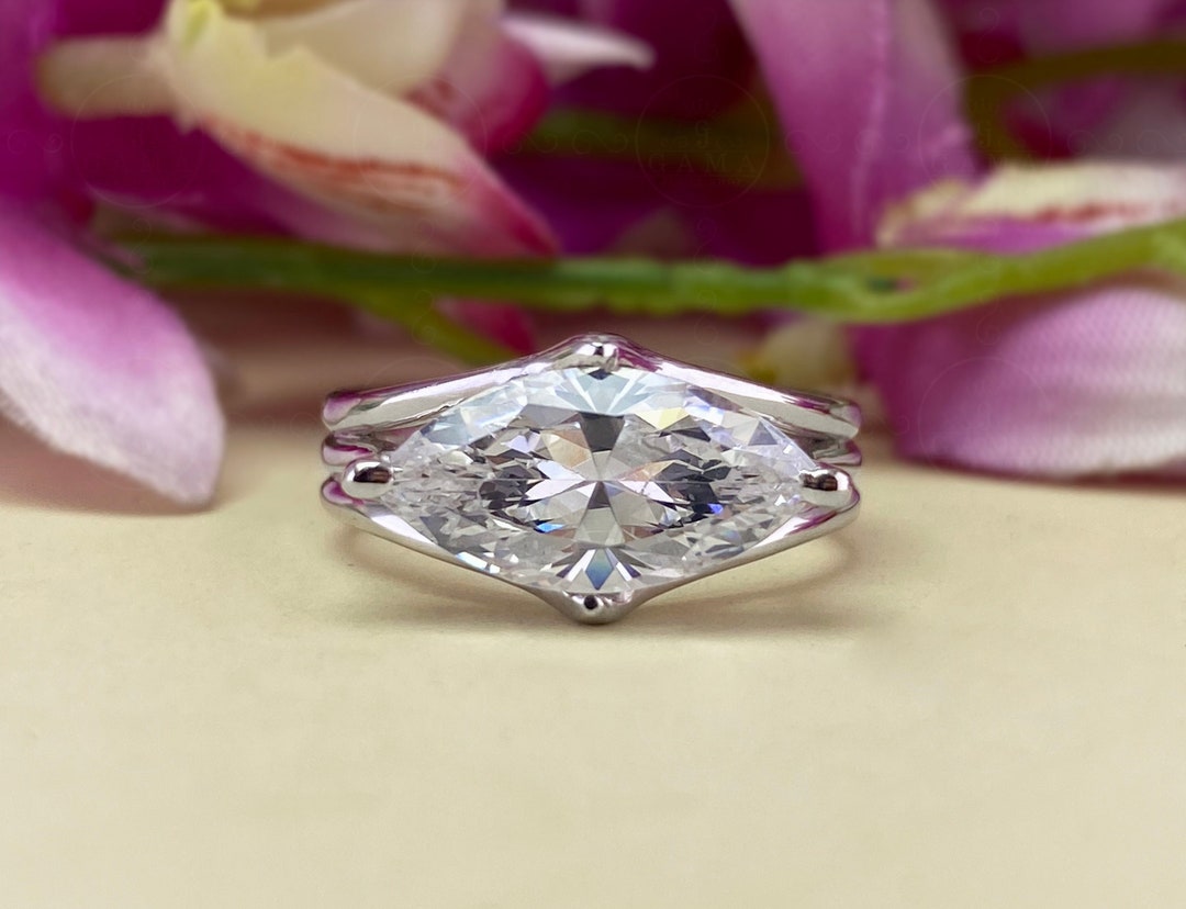 East West Marquise Cut Moissanite Ring, Marquise Cut Solitaire Engagement Ring, Gold Horizontal ...