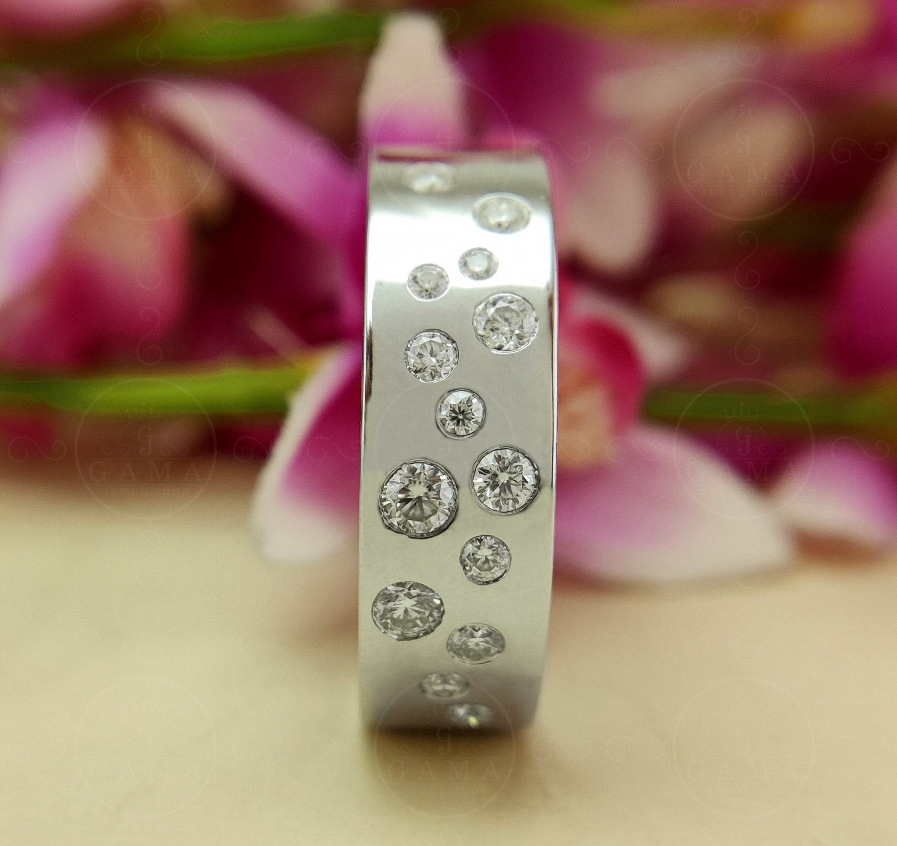 Flush Set Moissanite Mens Wedding Band, Cluster Scattered Bubble ...