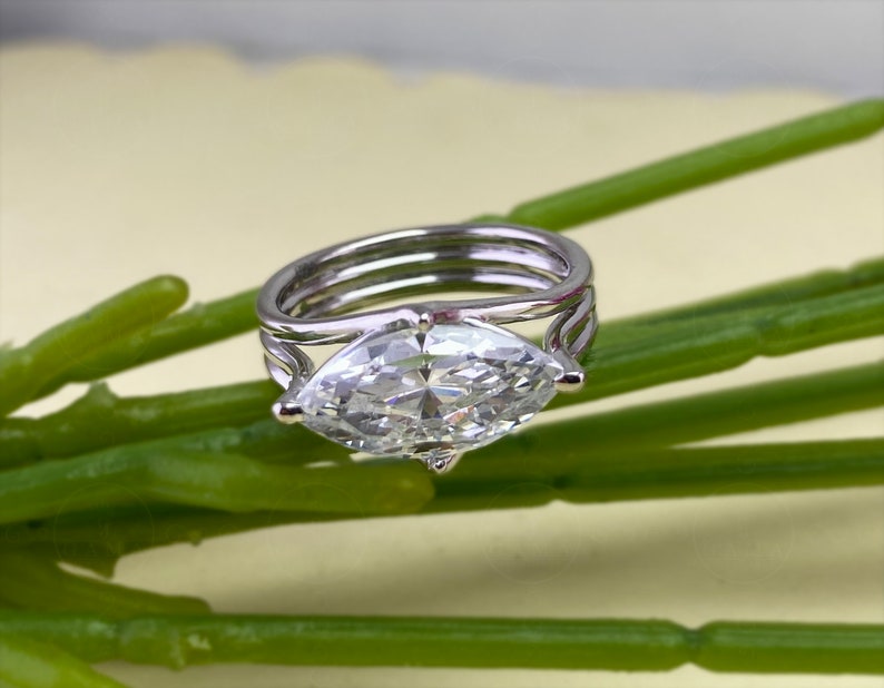 East West Marquise Cut Moissanite Ring, Marquise Cut Solitaire Engagement Ring, Gold Horizontal ...