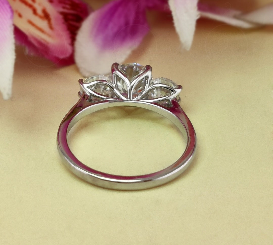 Tulip Setting 3 Stone Moissanite Ring, Three Stone Engagement Ring ...