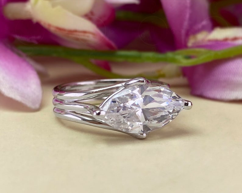 East West Marquise Cut Moissanite Ring, Marquise Cut Solitaire Engagement Ring, Gold Horizontal ...