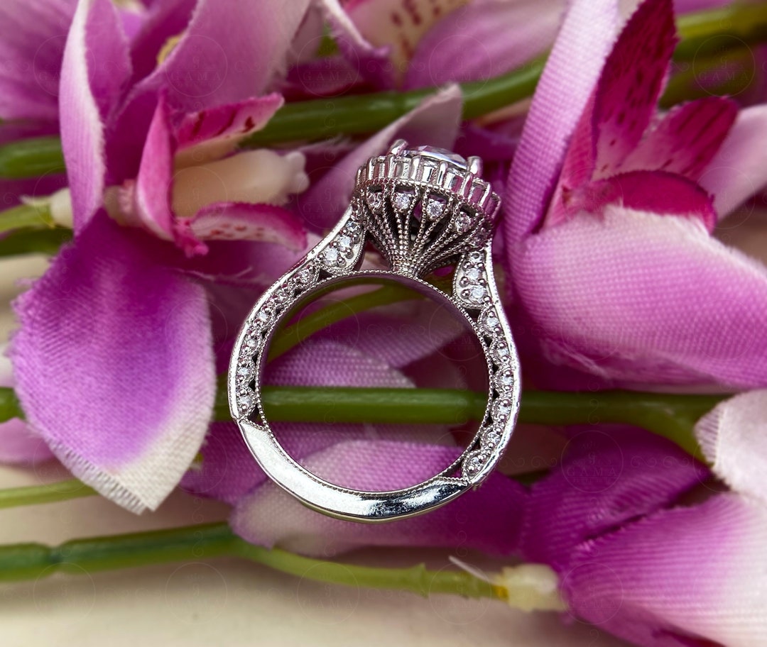 Moissanite Vintage Filligree Ring, Round Cut Halo Engagement Ring ...