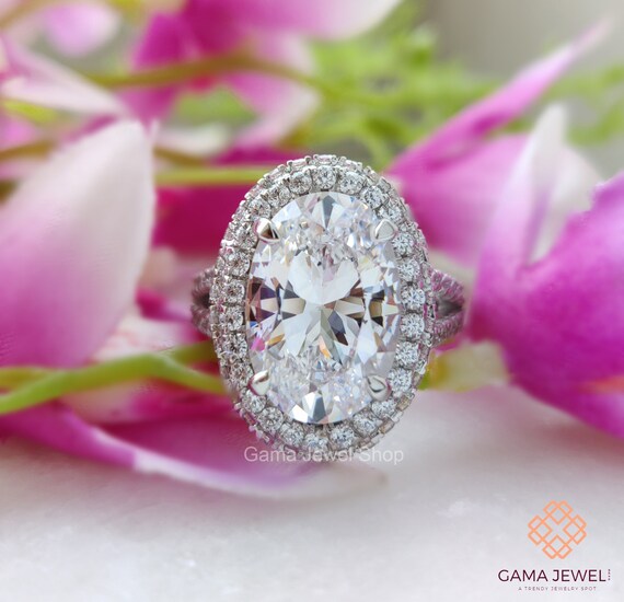 Large Oval CZ Halo Engagement Ring Sterling Silver Wedding - Etsy