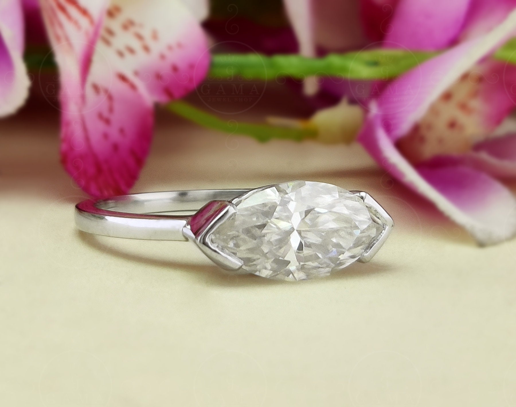 Moissanite Marquise Cut Solitaire Engagement Ring, Sideways Marquise ...