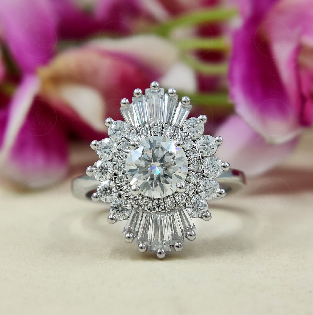 Vintage Gatsby Engagement Ring Moissanite Promise Rings for Women Round ...
